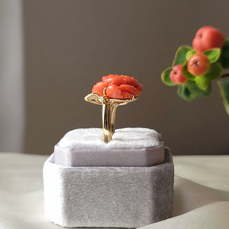 Peony Blossom Momo Coral Ring - 14K Yellow Gold, Natural Carved Momo ...
