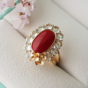 18K Gold Red Coral Ring - Aka Coral Ring Gold, Red Coral Ring for Women ...