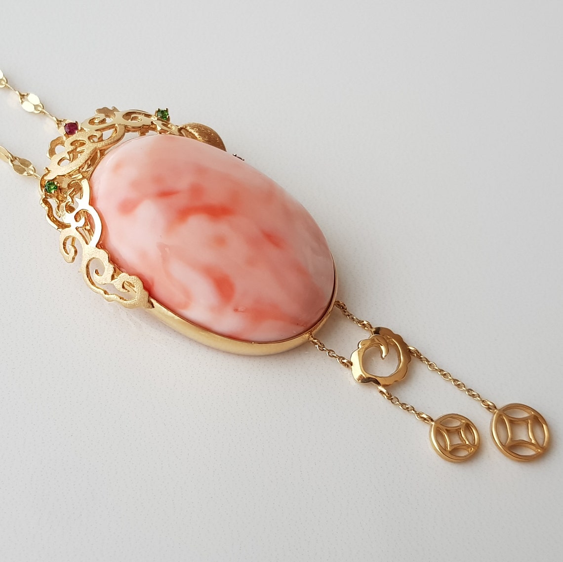 18K Gold Pink Coral Pendant Pink Coral Pendant Gold Pink - Etsy