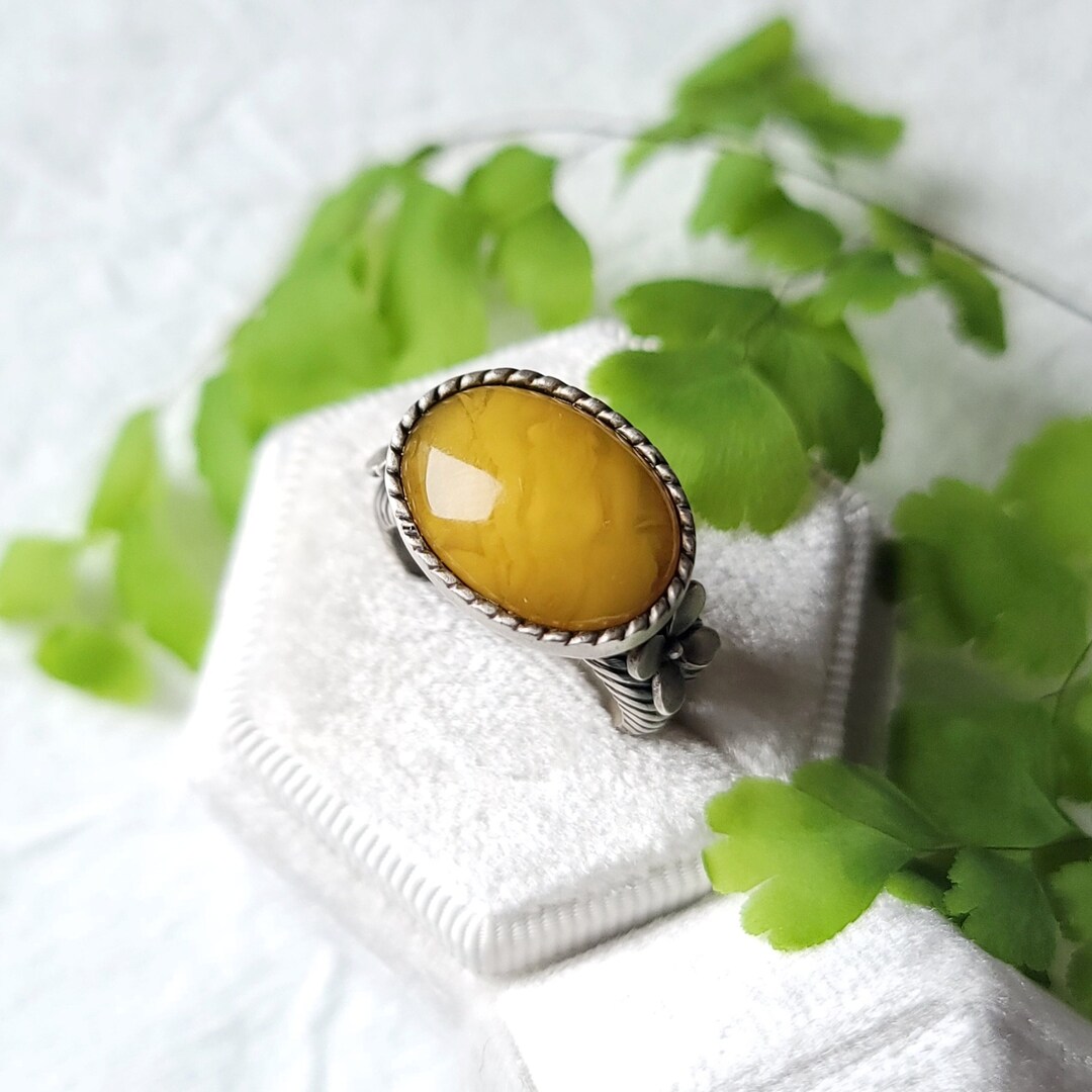 Horizontal Amber Flower Ring - Natural Amber, 925 Sterling Silver ...
