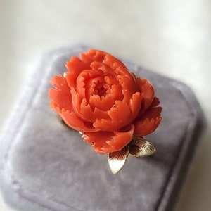 Peony Blossom Momo Coral Ring - 14K Yellow Gold, Natural Carved Momo ...