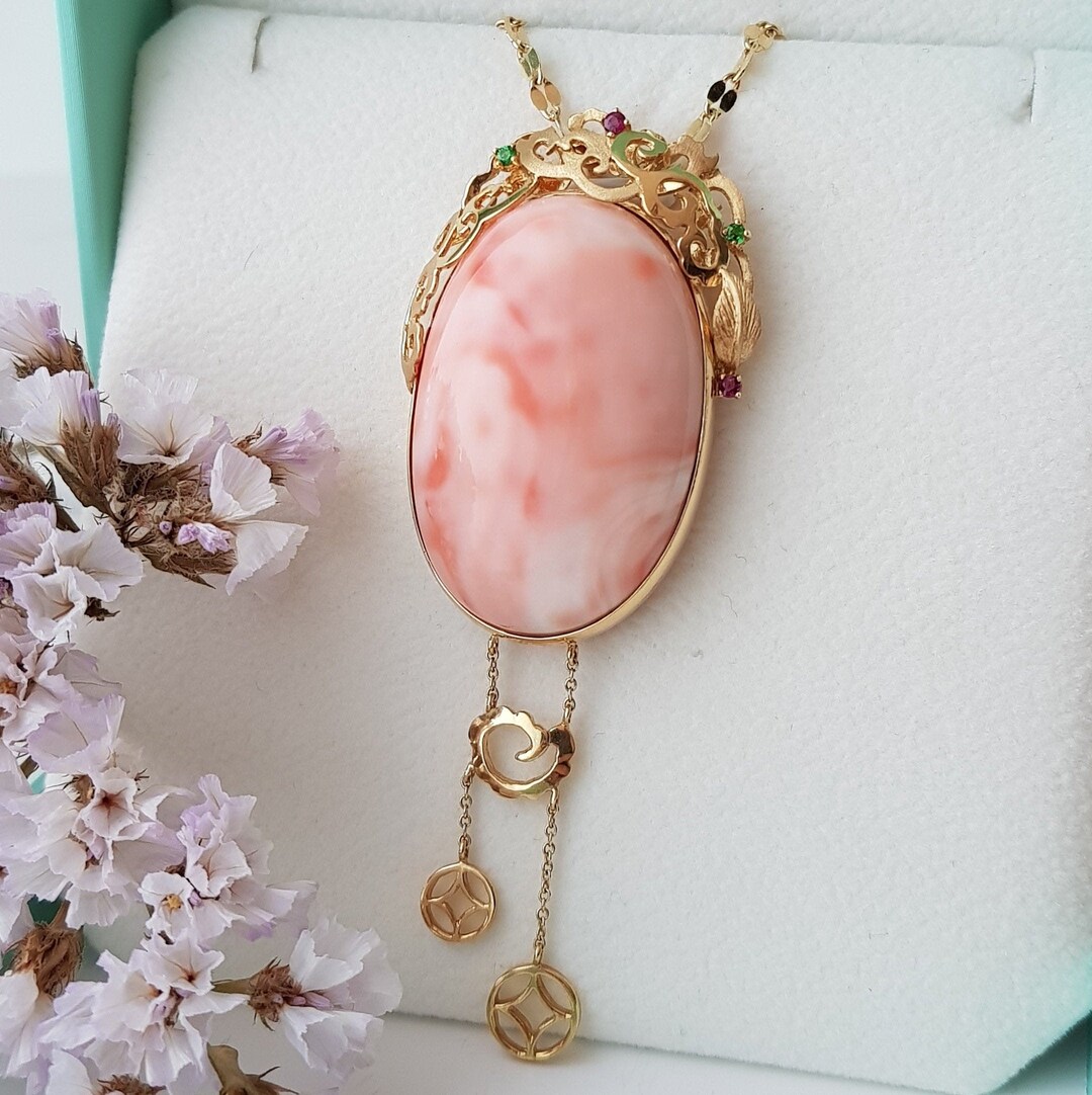 18K Gold Pink Coral Pendant - Pink Coral Pendant Gold, Pink Coral ...