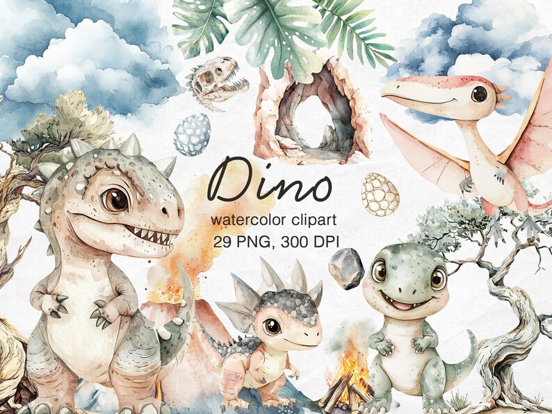 Dinosaurs Watercolor Clipart -dino Clip Art - Digital Print - PNG ...