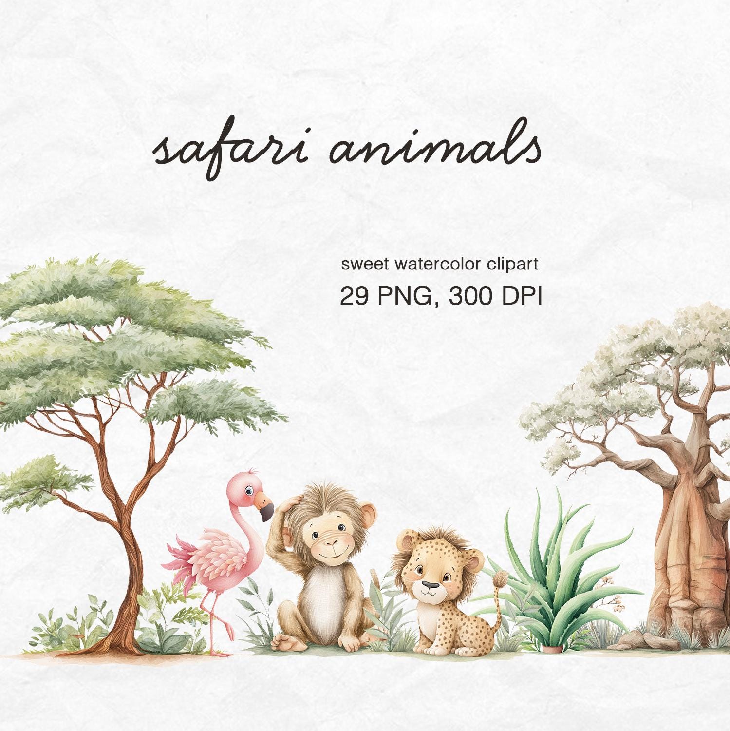 Watercolor Safari Animals Clipart - Cute Animals Clipart - PNG - Baby ...