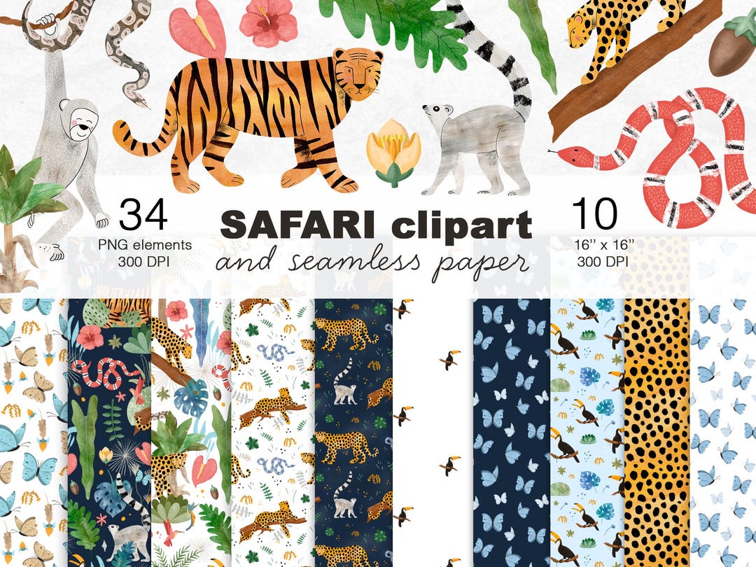 Safari Animal Digital Paper - Scrapbook Paper - Seamless Patterns ...