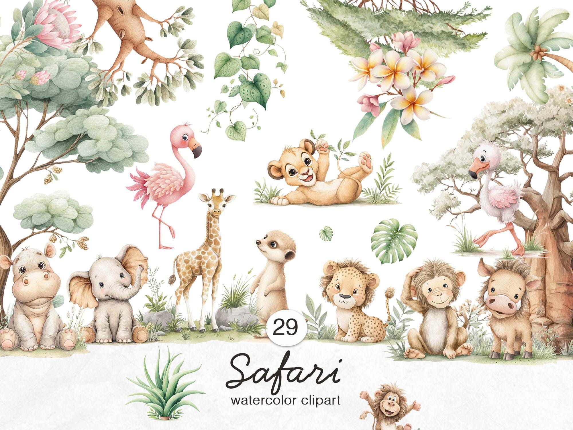 Watercolor Safari Animals Clipart - Cute Animals Clipart - PNG - Baby ...