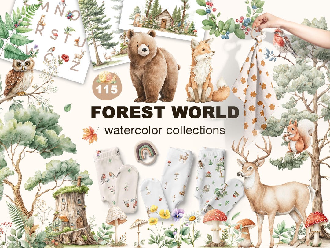 Watercolor Forest Animals Clipart Bundle: Woodland Patterns, Crowns ...