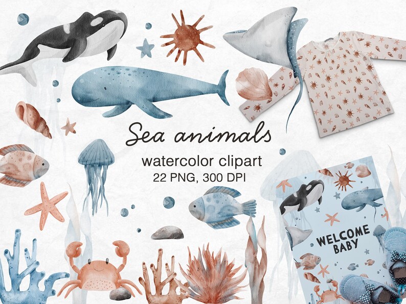 Under the Sea Watercolor Clipart - Baby Sea Pictures for Boys and Girls ...