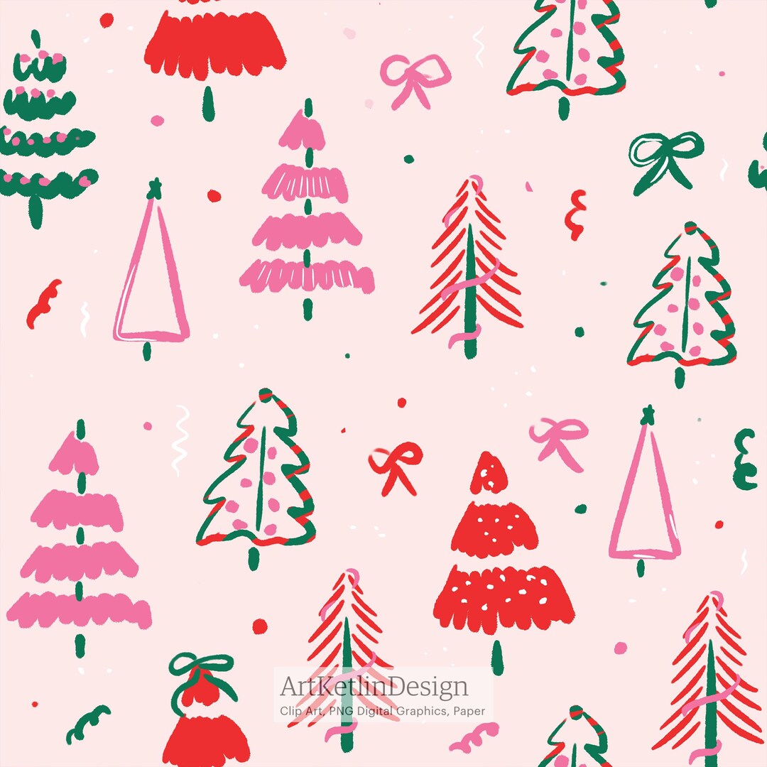 Pink, Green and Red Christmas Trees - Seamless Pattern - Cute Bright ...