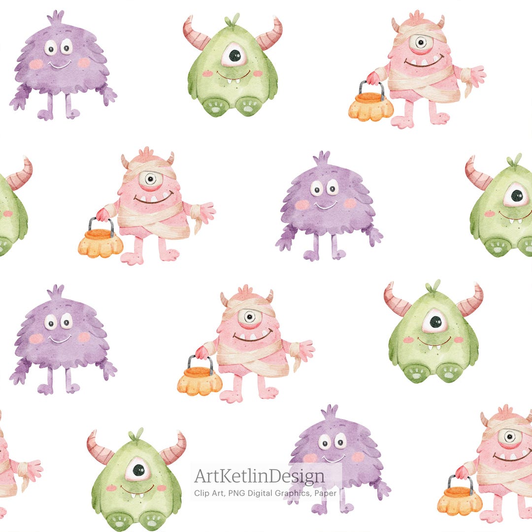 CUTE Monsters - Watercolor Digital Papers - Commercial Use - Halloween ...