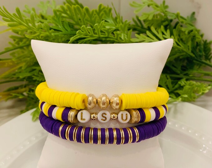 LSU Tiger Bracelet, LSU Tiger Heishi Bracelet, LSU Bracelet Set, Purple ...