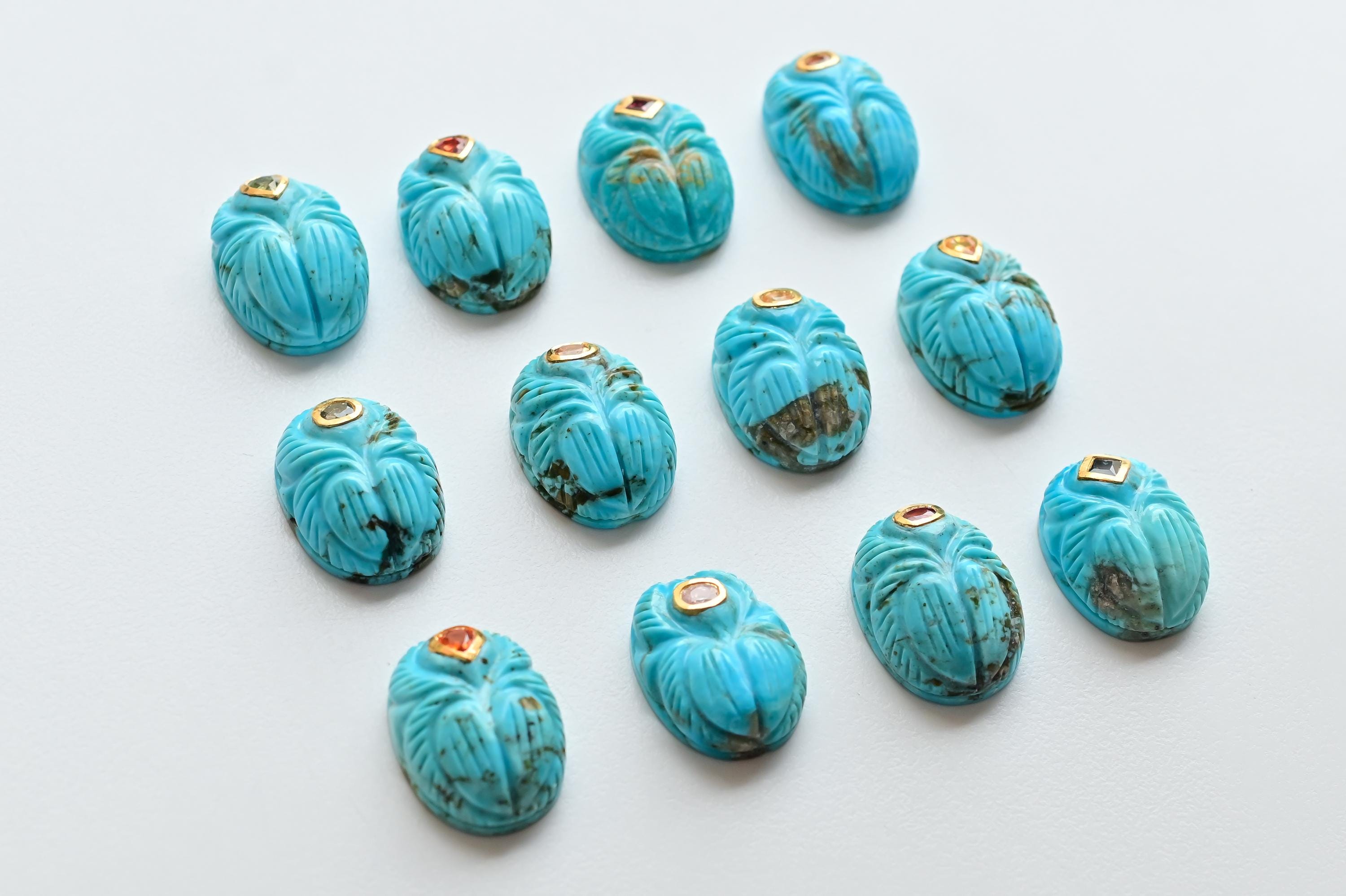 24K Solid Gold Turquoise Carved Scarab Beetle With Natural Multi ...