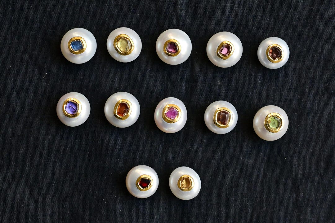 24K Solid Gold Freshwater Pearl Round & Natural Multi Sapphire Inlay ...