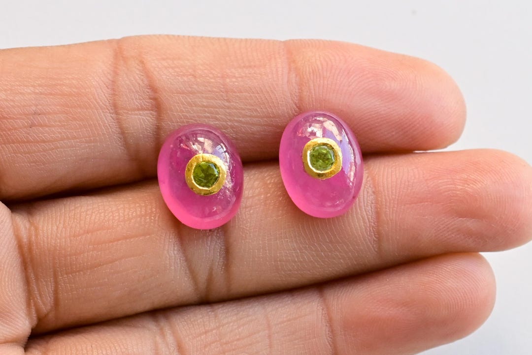 24K Solid Gold Ruby Glass Filled Oval Cabochon & Green Tourmaline Inlay ...