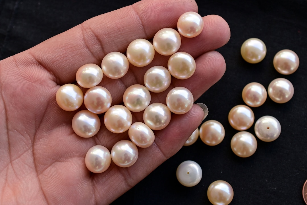 30 Pieces Peach Freshwater Pearl Button , Natural High Quality & High Luster Half Drill Pearl ...