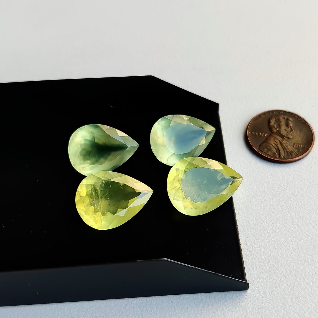 Pair of Viridescent Prehnite Faceted Pear Cut Stone Natural Rare Neon ...