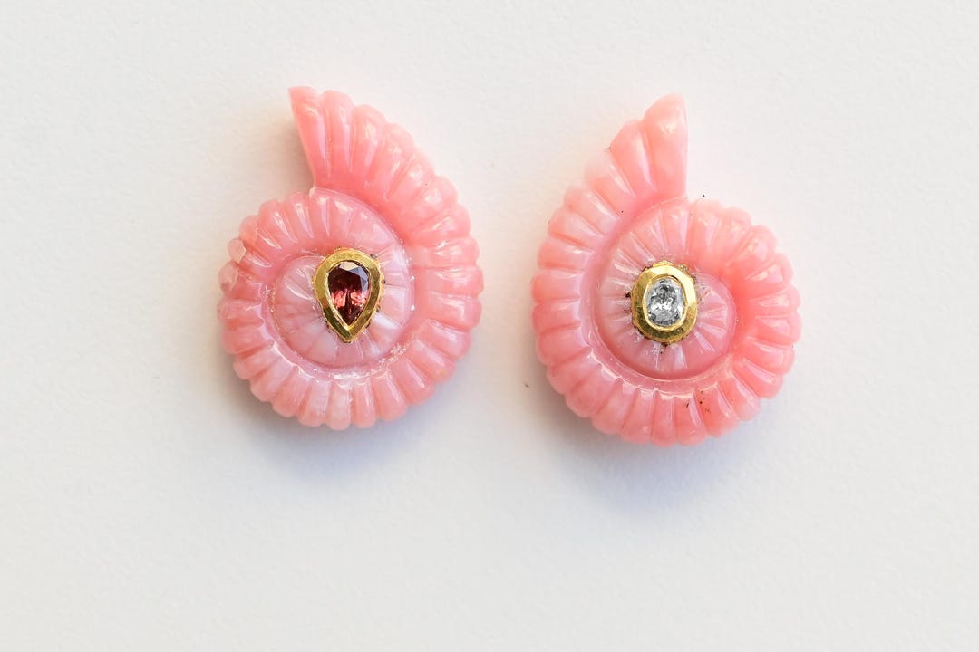 24K Solid Gold Pink Opal Carved Snail Shell With Natural White Topaz ...