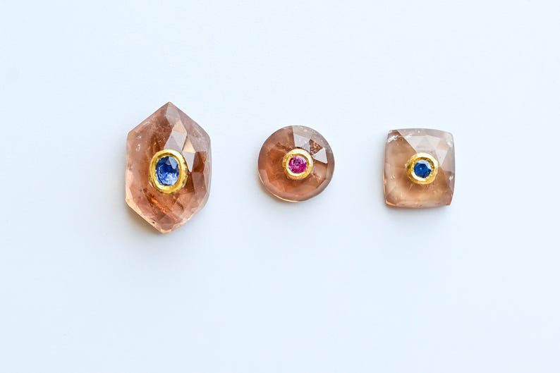 24K Solid Gold Imperial Topaz Mix Cabochon Faceted With Natural Multi ...