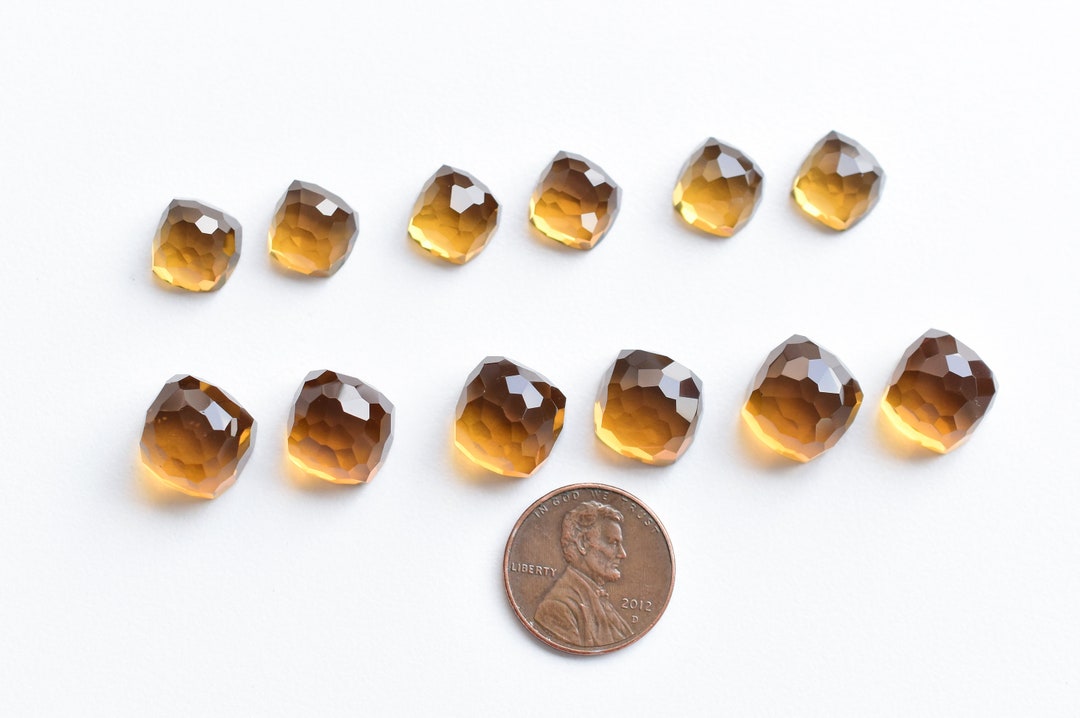 Pair of Cognac Quartz Hammered Faceted Ice Cabochon Natural Gemstone ...