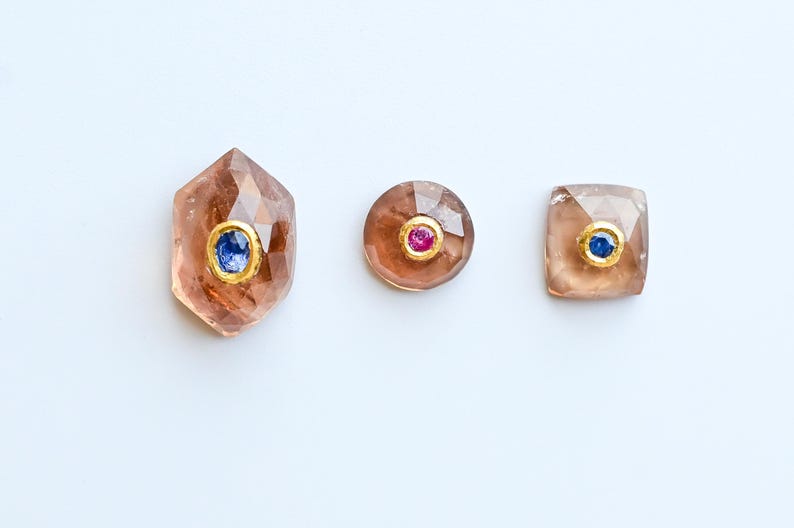 24K Solid Gold Imperial Topaz Mix Cabochon Faceted With Natural Multi ...