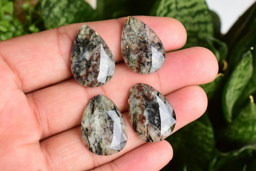 Pair of Astrophyllite & Crystal Doublet Uneven Cabochon Flat Rose Cut ...