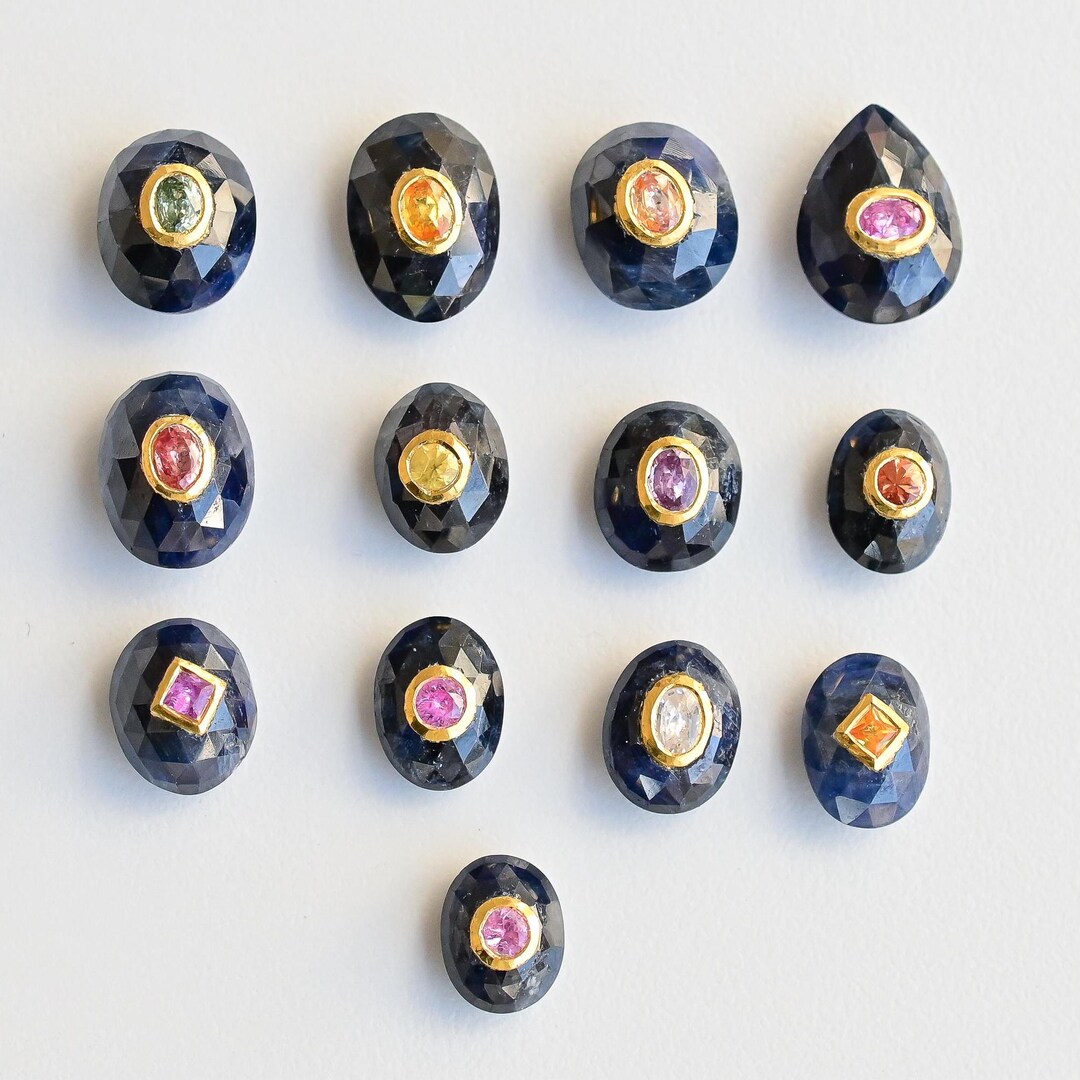 24K Solid Gold Blue Sapphire Oval Rose Cut Faceted & Multi Sapphire ...