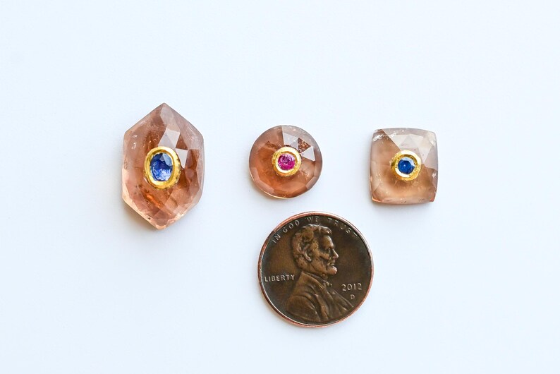 24K Solid Gold Imperial Topaz Mix Cabochon Faceted With Natural Multi ...