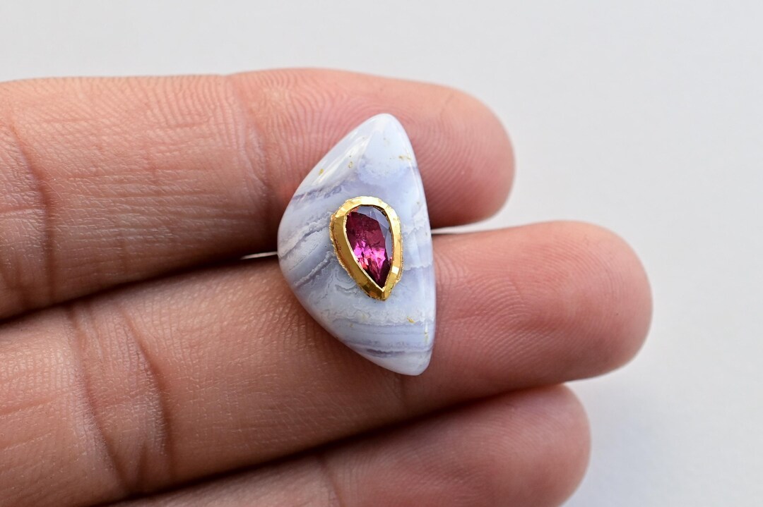24K Solid Gold Blue Lace Agate Smooth Fancy Cabochon & Pink Tourmaline ...