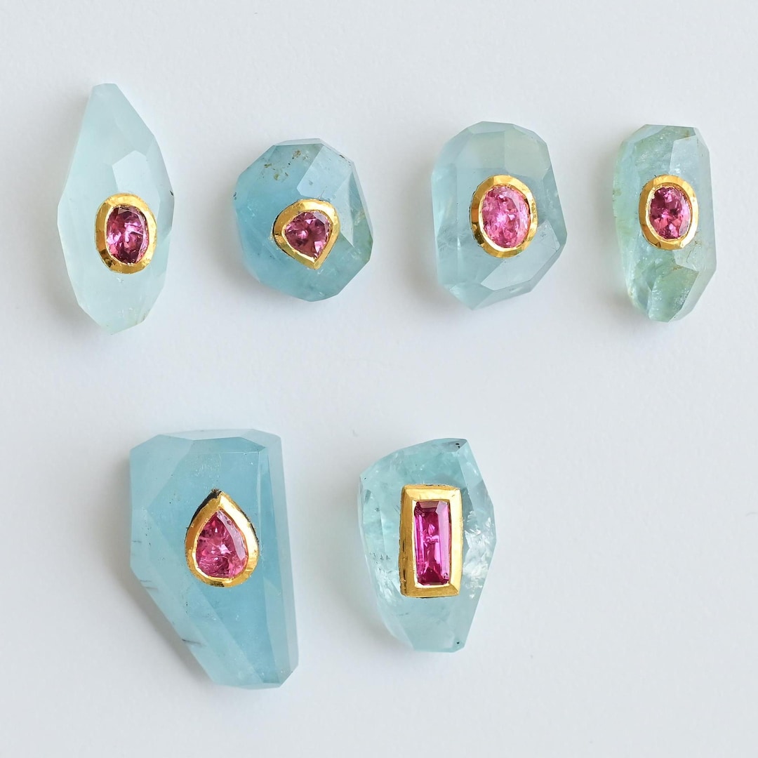 24K Solid Gold Aquamarine Tumble Tube Faceted & Pink Tourmaline Inlay ...