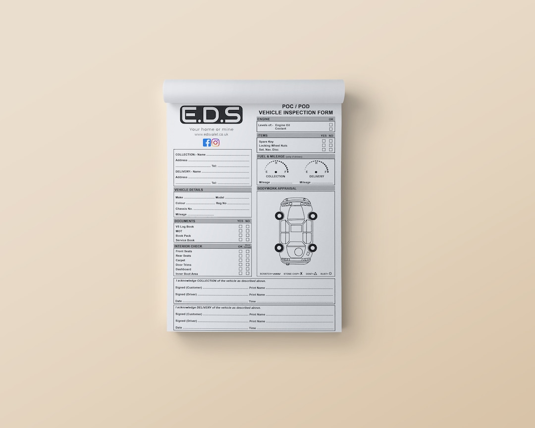 A4 Vehicle Pre Delivery Inspection Form Pad: 2-part Carbonless, 50 Sets ...