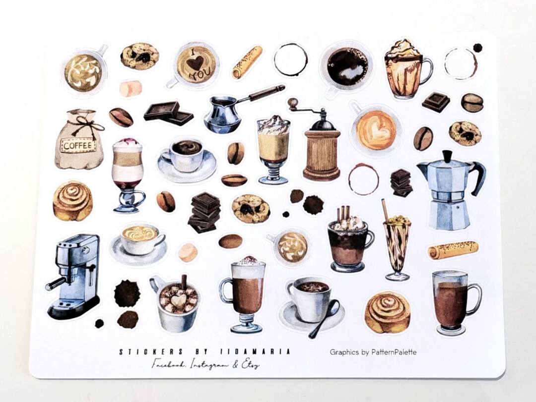 Coffee Stickers, Hot Drink Coffee Bean Mug Kitchen Cup Bun Cookie ...