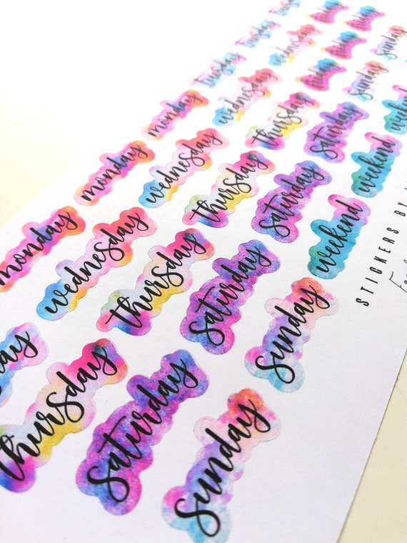 Days of the Week Stickers With Colorful Background Watercolor - Etsy