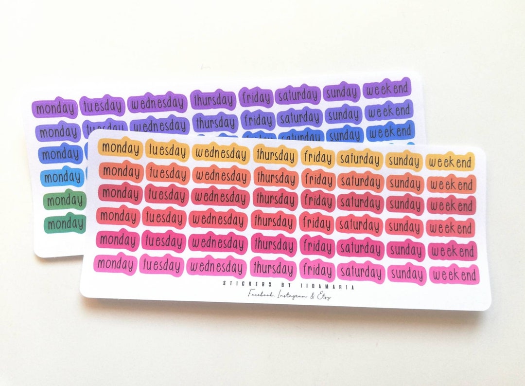 Colorful Days of the Week Rainbow Stickers, Week Day Journal Planner ...