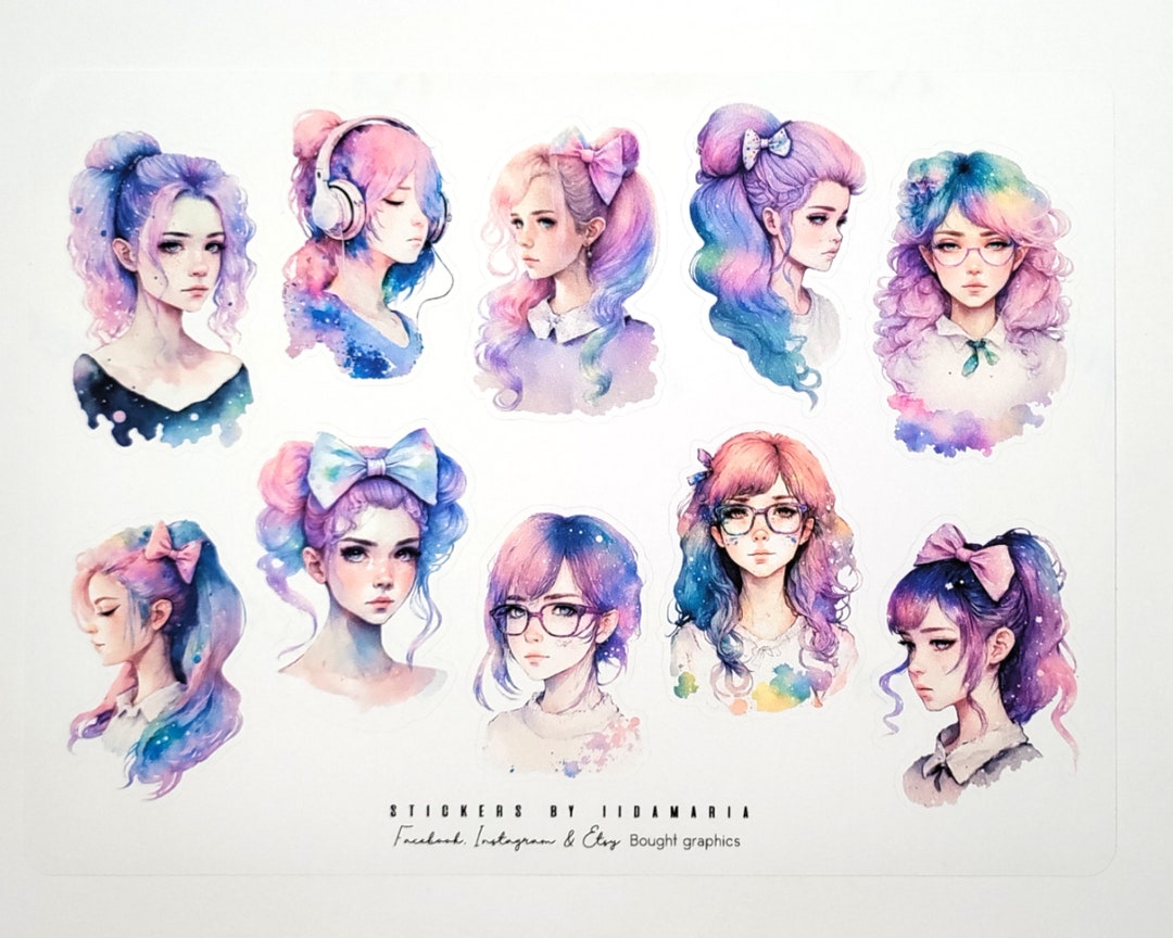 Pastel Girl Stickers, Cute Pretty Girl Curly Hair Glasses - Etsy