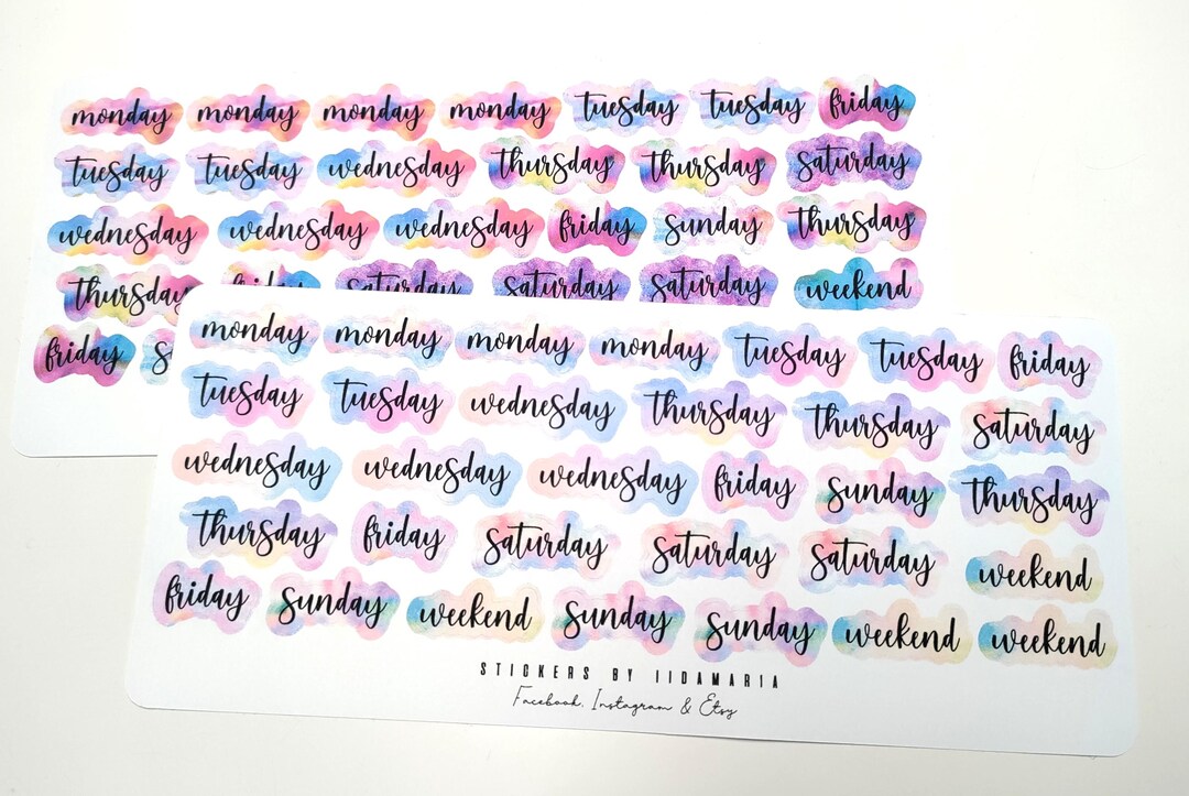 Days of the Week Stickers With Colorful Background, Watercolor Stickers ...