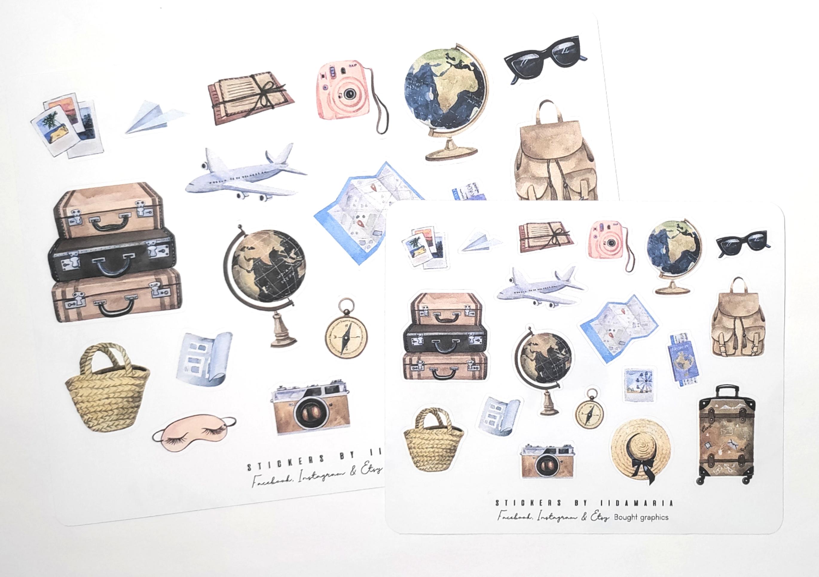 Traveling Stickers, Map Picture Travel Basket Bag Airplane Camera Sun ...