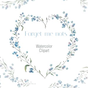 Watercolor Forget-me-not Clipart Set Heart Frame, Half-circle Wreath ...