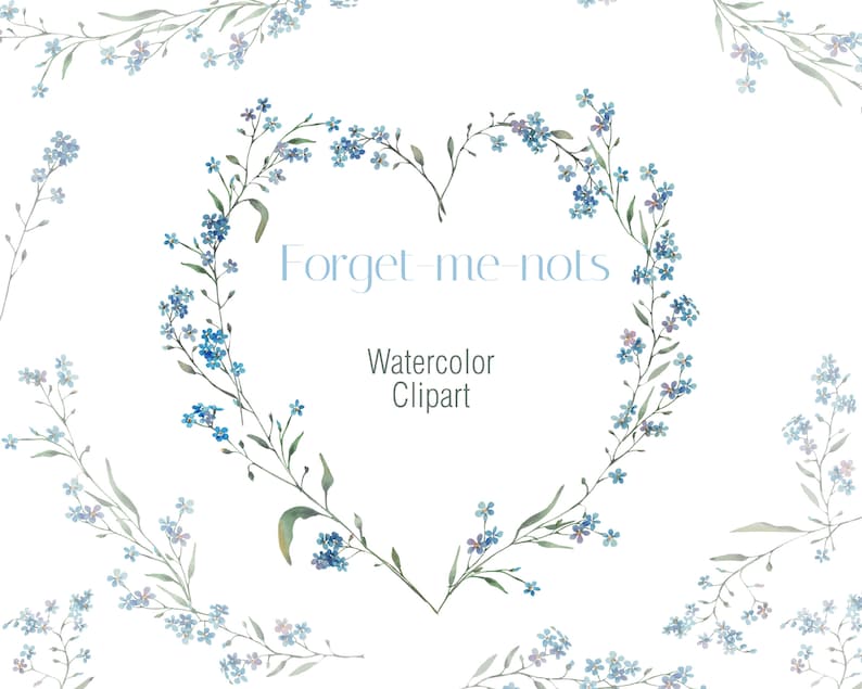 Watercolor Forget-me-not Clipart Set Heart Frame, Half-circle Wreath ...