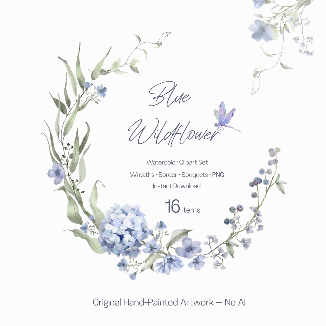 Blue Wildflower Wedding Clipart Mini Set, Watercolor Floral Wreaths ...