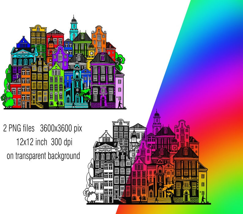 Rainbow Row Houses Clipart Set Charming Amsterdam-inspired Digital ...