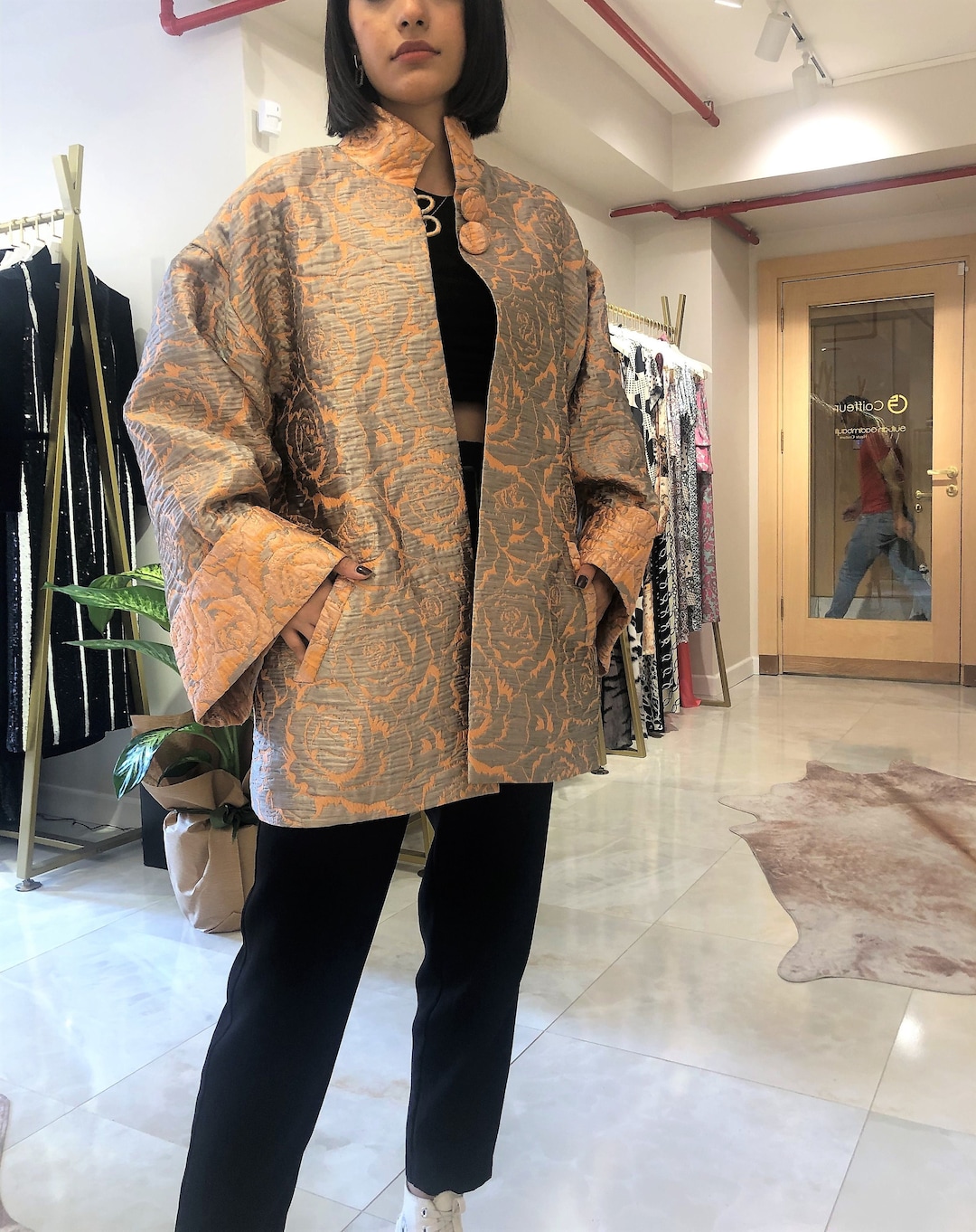 Brocade Jacket for Women,vintage Style Brocade Coat,orange and Grey ...