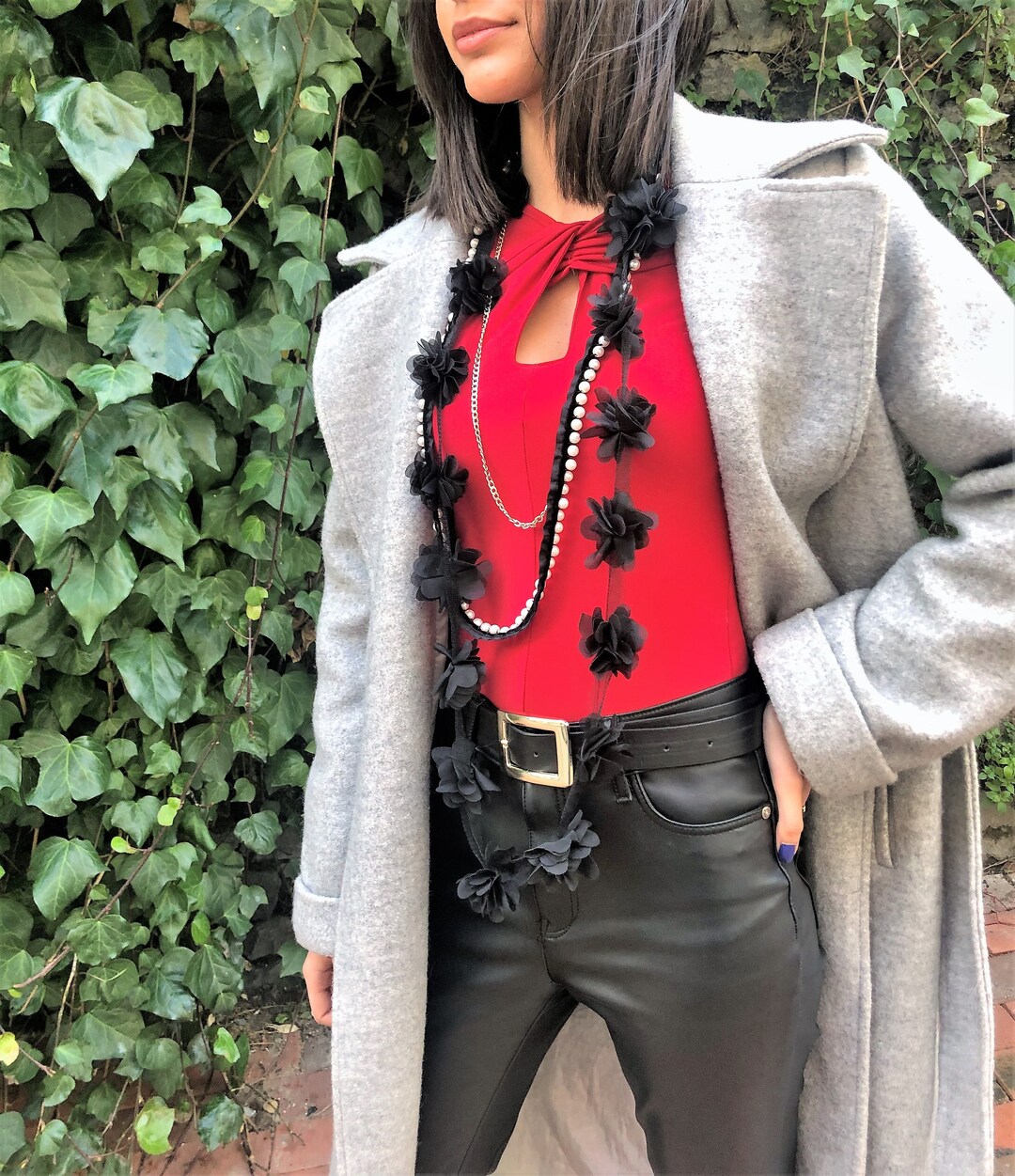 Flower Necklace,long Multistrand Scarf,designer Scarf,chain and Pearl ...