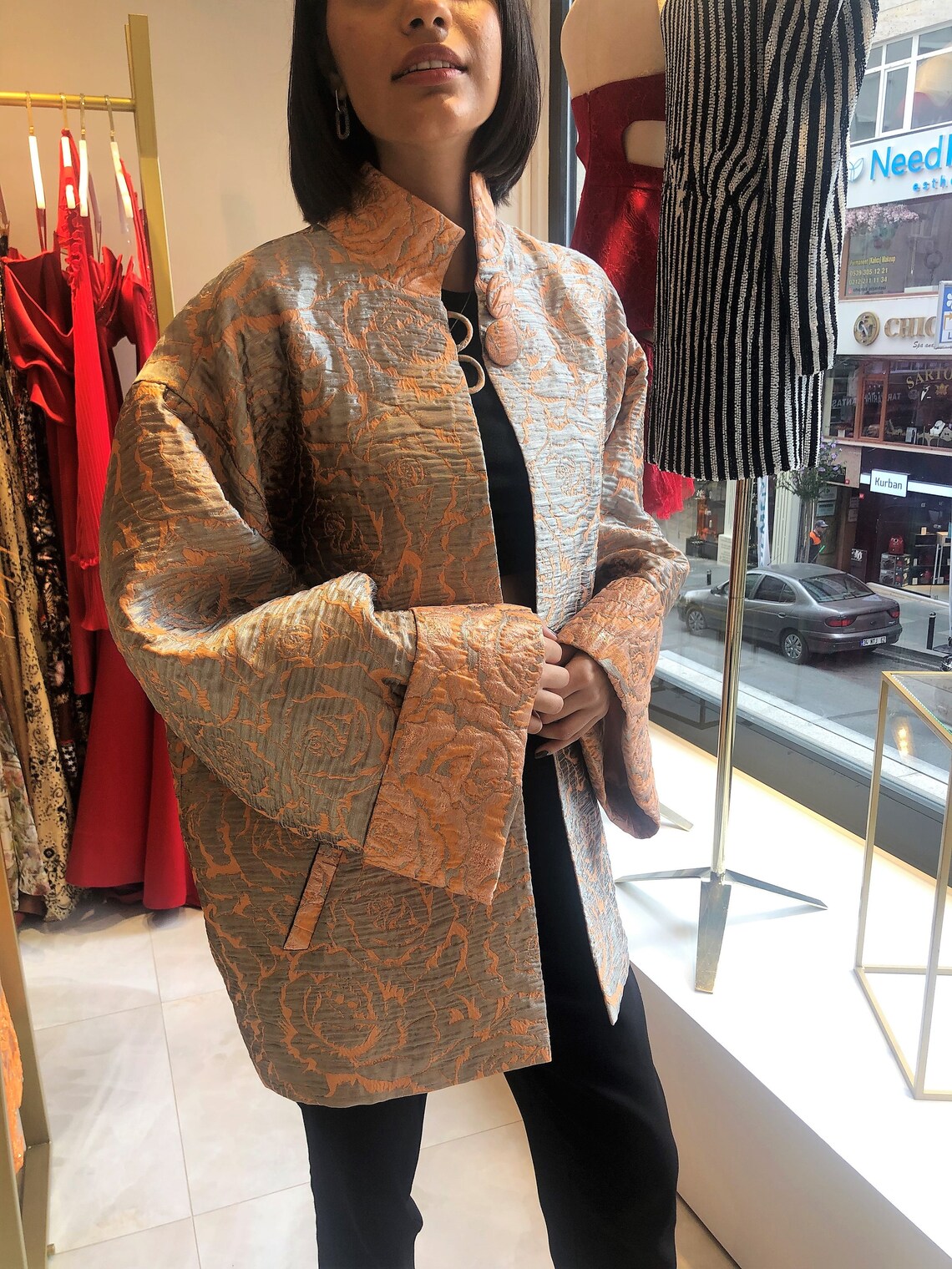 Brocade Jacket for Women,vintage Style Brocade Coat,orange and Grey ...