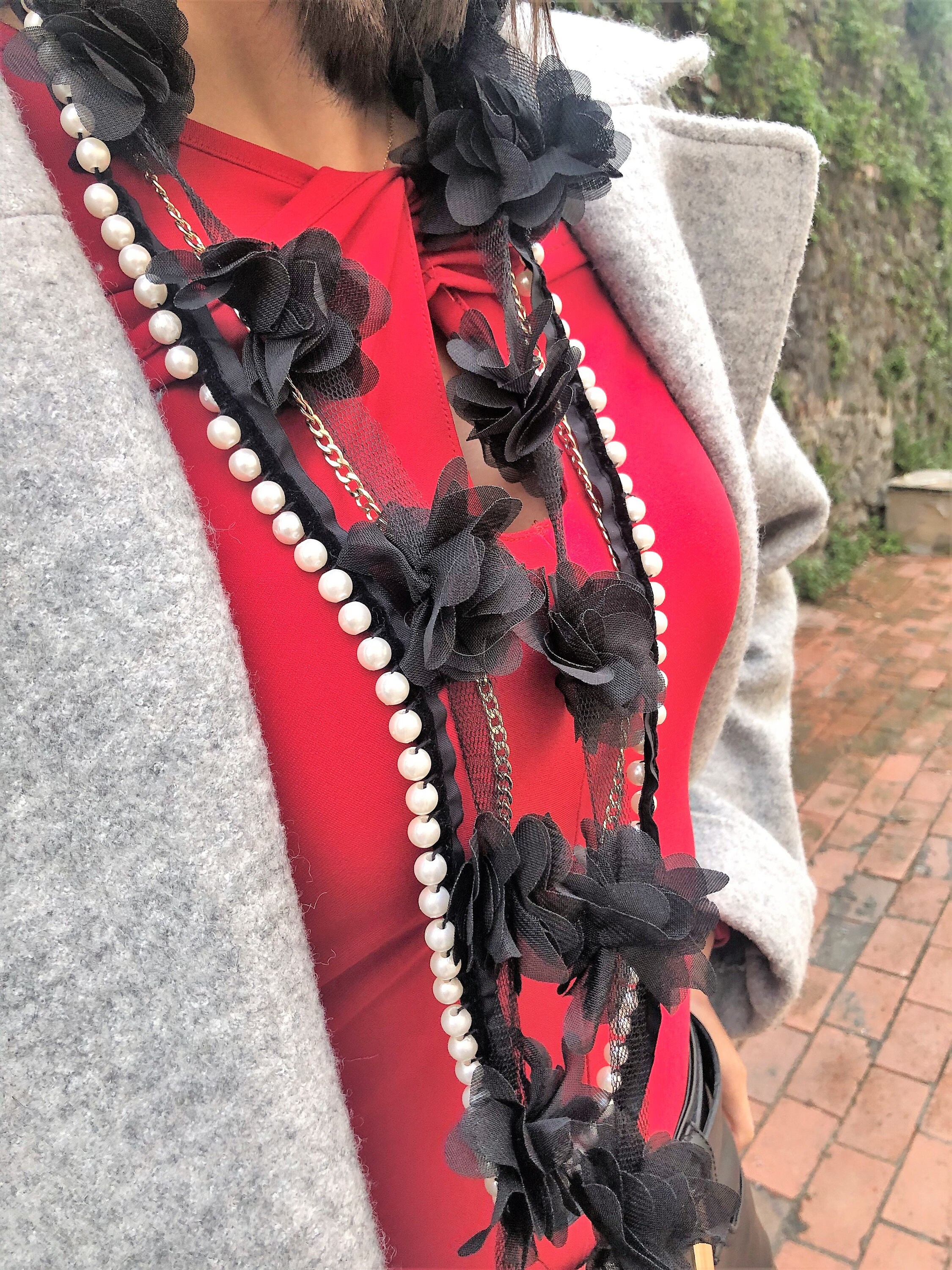 Flower Necklace,long Multistrand Scarf,designer Scarf,chain and Pearl ...