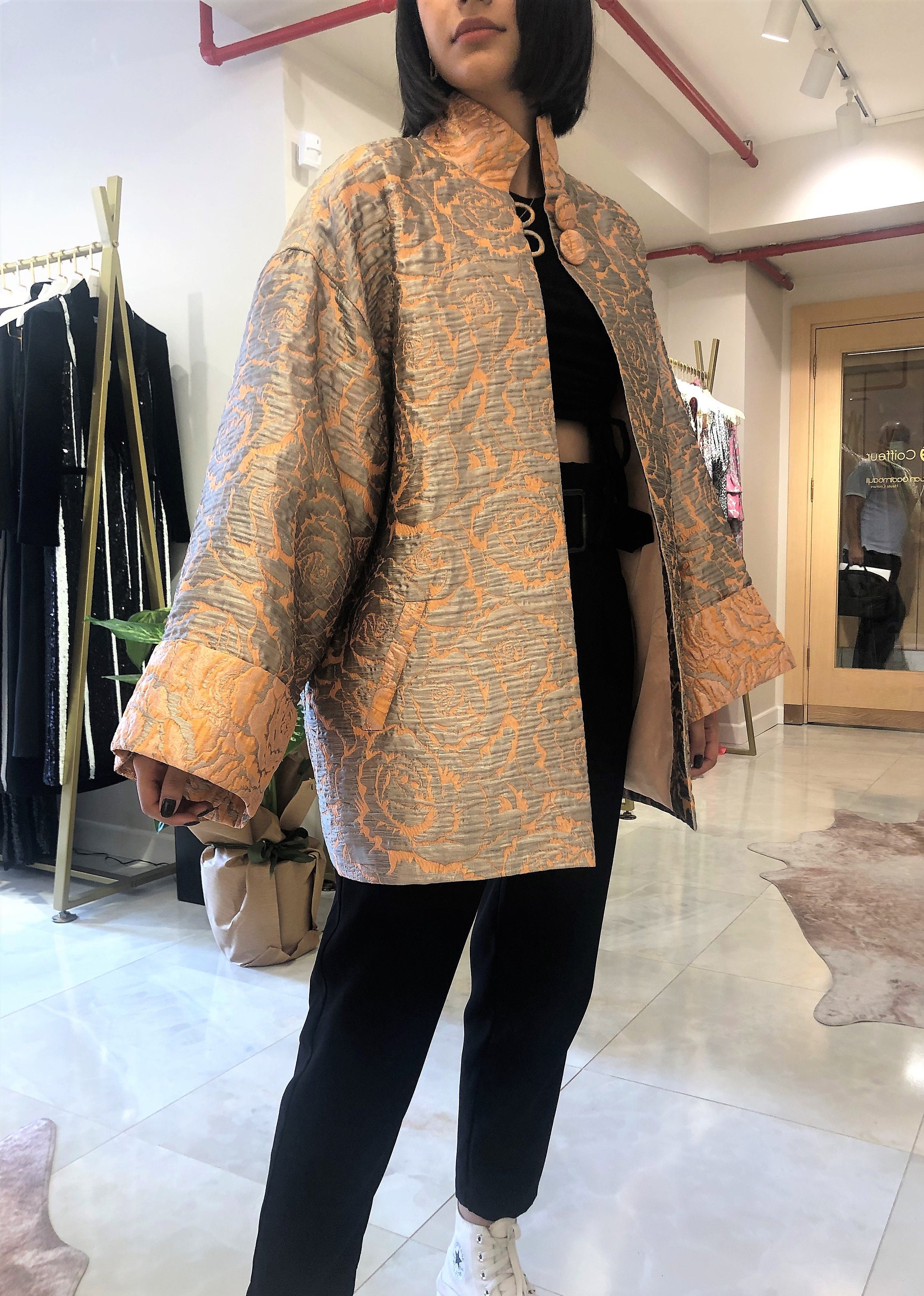 Brocade Jacket for Women,vintage Style Brocade Coat,orange and Grey ...