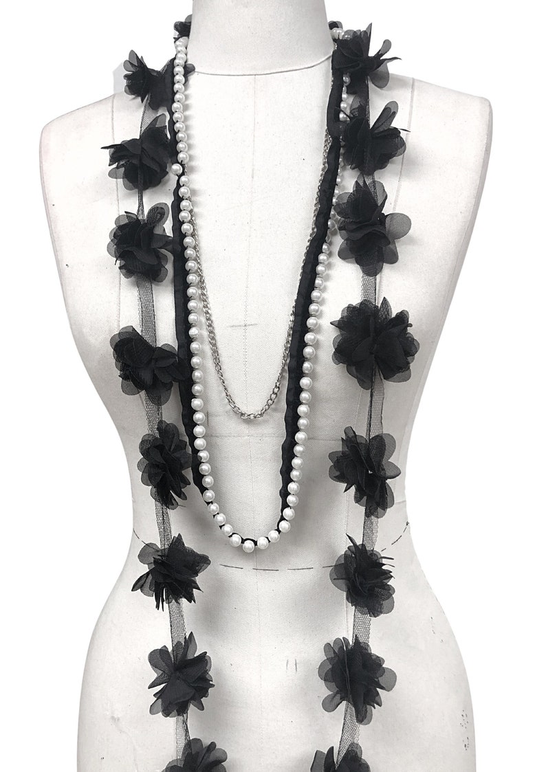 Flower Necklace,long Multistrand Scarf,designer Scarf,chain and Pearl ...
