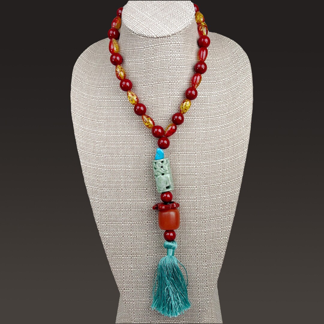 Vintage Jade Cylinder/column Pierce Carved Pendant Beaded Necklace ...