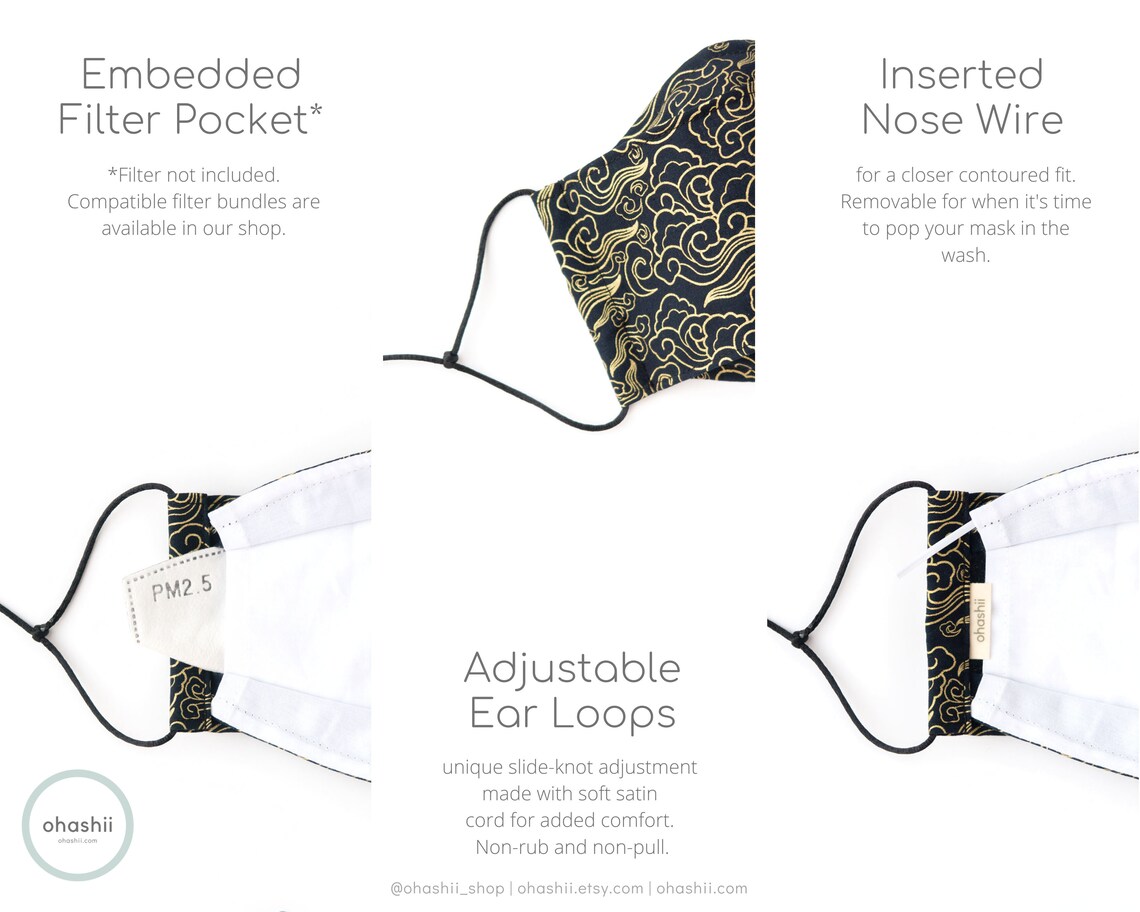 3D Kumo: Japanese Premium Origami Adult Face Mask | Black & Gold Cloud ...