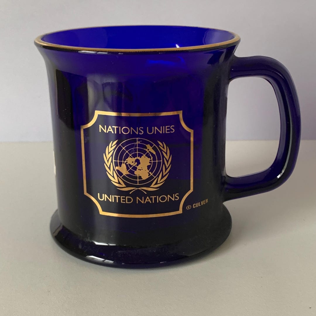UNITED NATIONS CULVER Blue Glass Mug, United Nations Blue Glass Cup ...