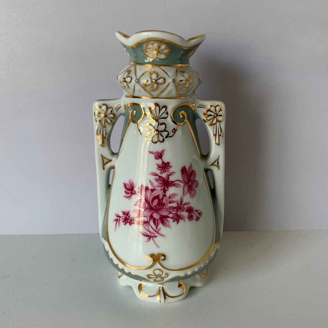 ROYAL DUX VASE, Vintage Royal Dux Bohemia Pink Floral Green, Gold Trim ...
